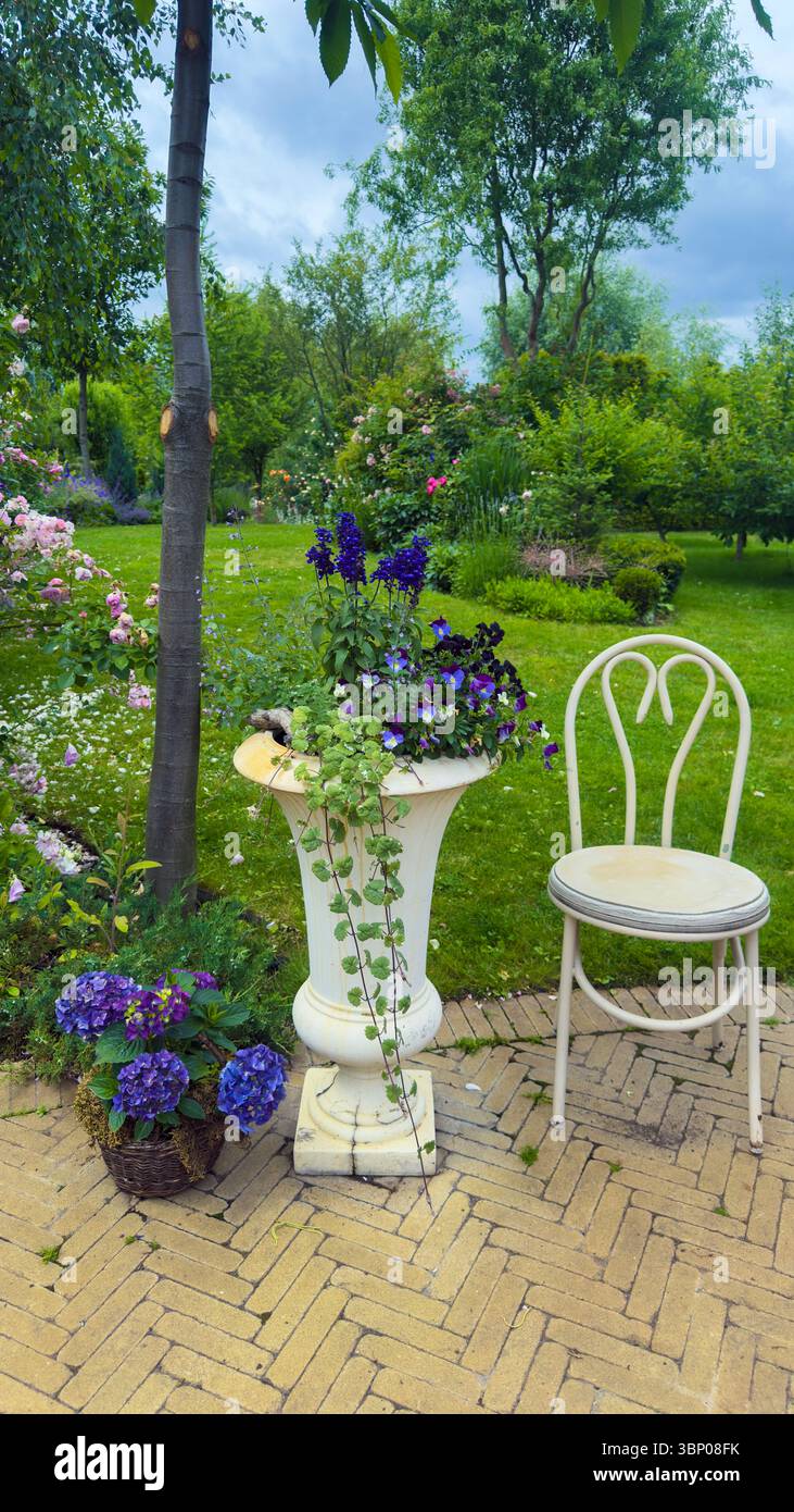 Beautiful Outdoor Garden Setting Featuring Colorful Flowers, Elegant ...