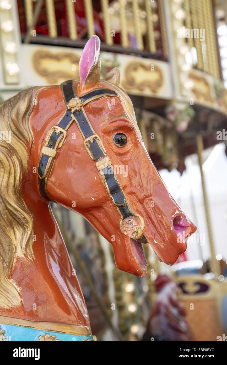 Colorful wooden horse of a children circus carousel, Orleans, Frankrijk ...