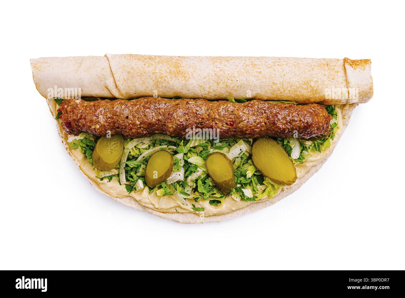 food still-life, A flavorful wrap features a grilled meat kebab placed ...