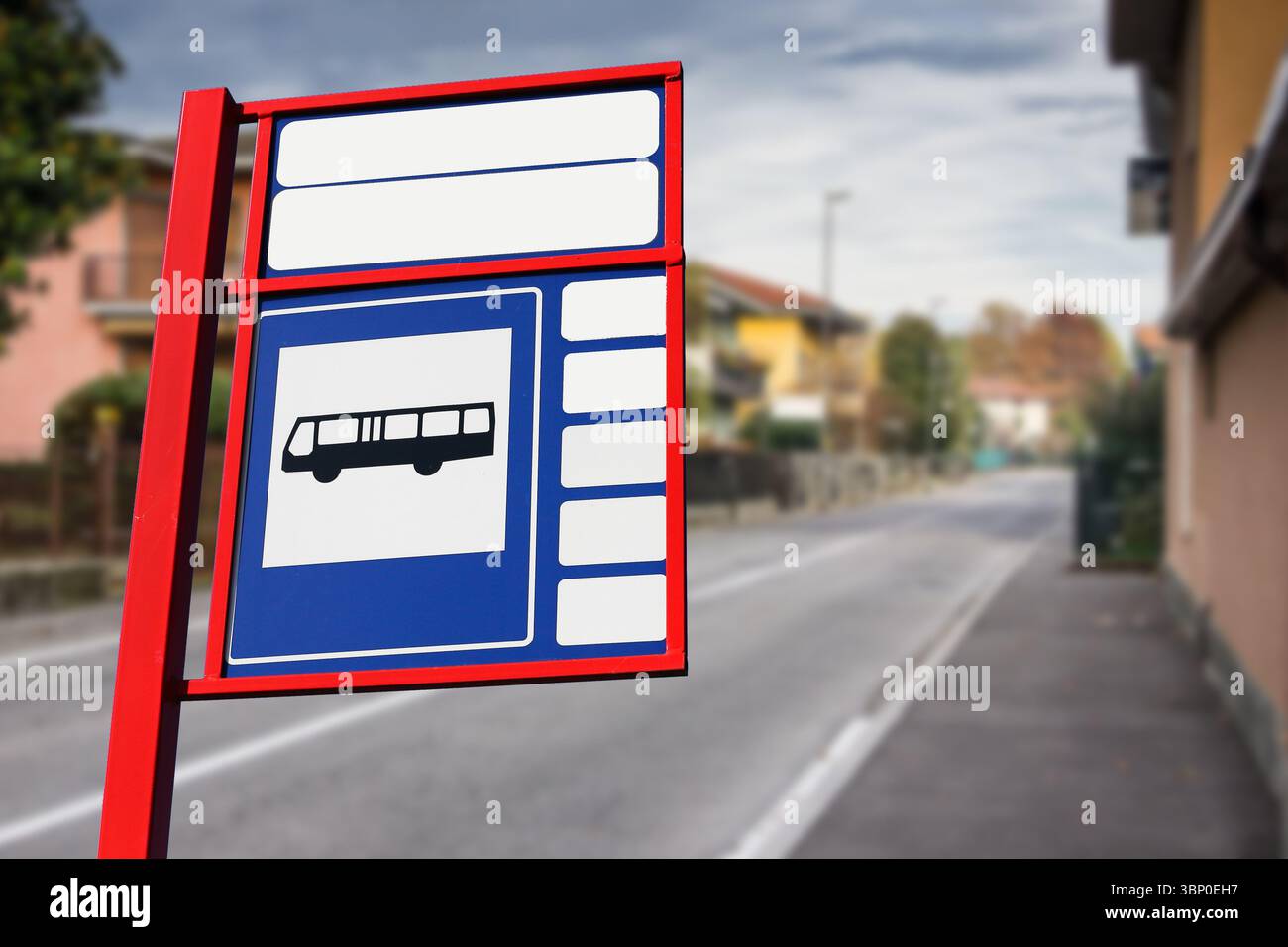 Bus stop road sign on empty street. Urban infrastructure element with ...