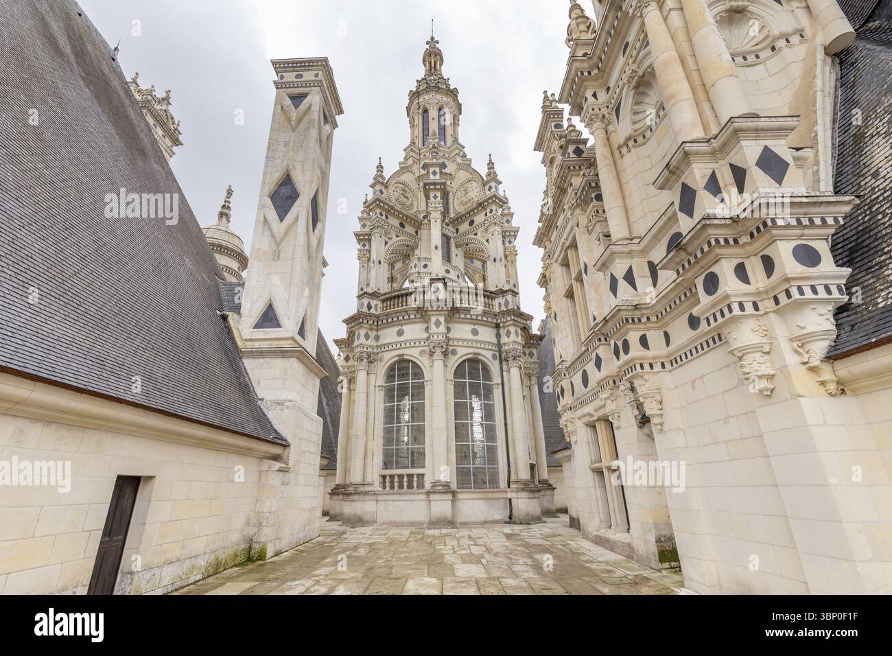 Chateau de Chambord, view of the terrace roof and elaborate towers and ...