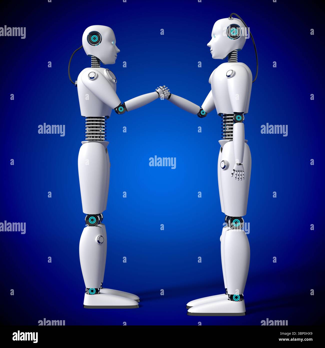 Two humanoid robots shaking hands - 3D illustration Stock Photo - Alamy
