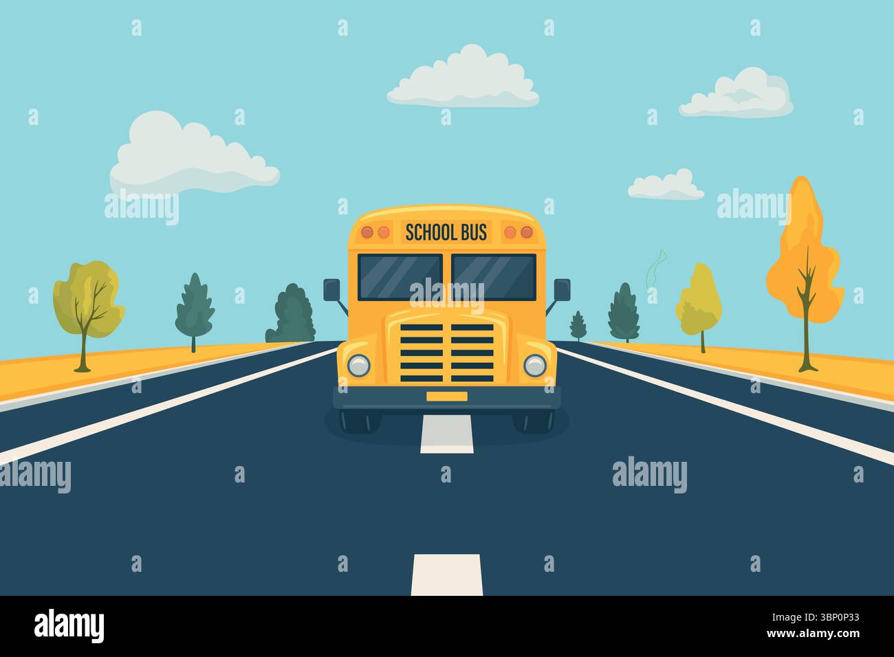 Vector Yellow School Bus on Road with Landscape Background. Cartoon ...
