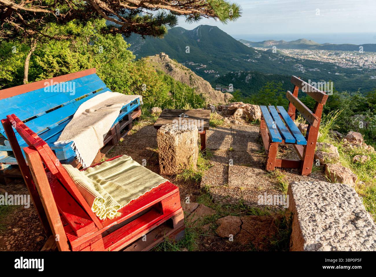 Restaurant coffee shop in the open air overlooking the city of Bar in ...