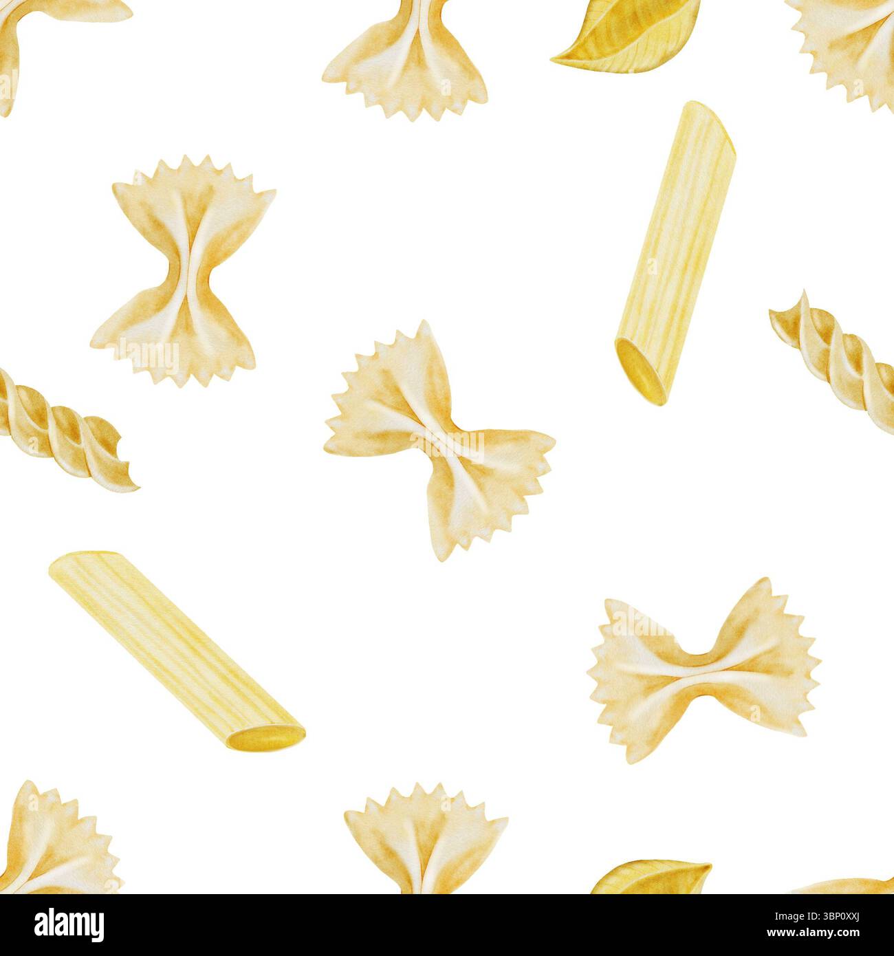 Different types of pasta seamless watercolor pattern. Hand drawn ...