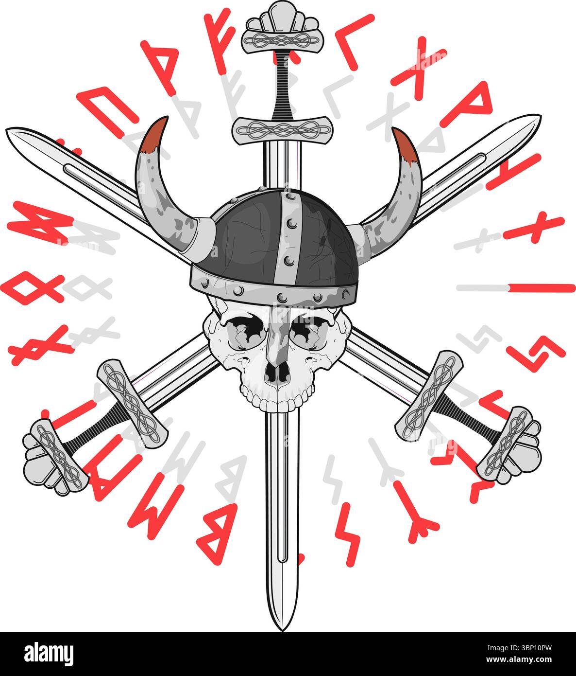 Viking skull in horned helmet against background of swords and ...