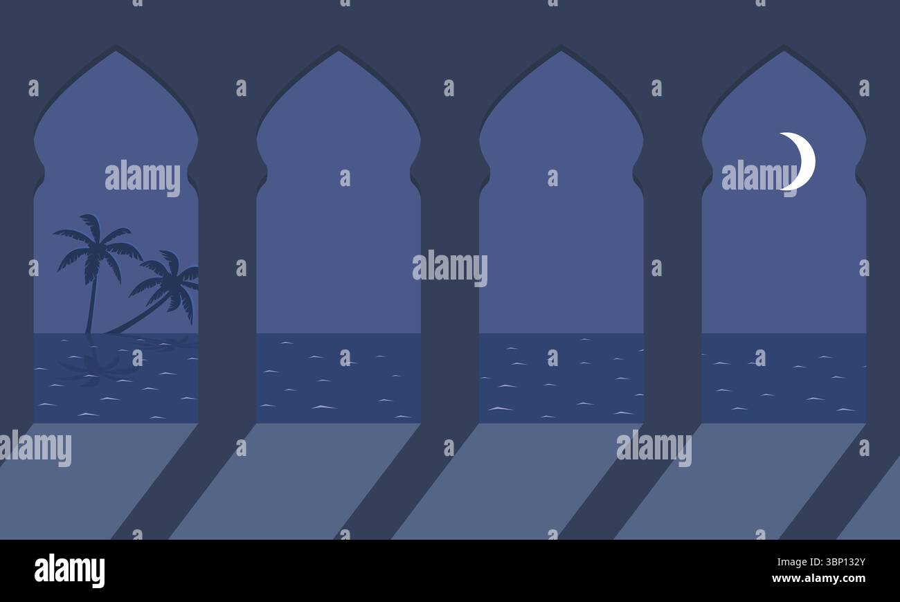 Vector illustration of a tropical night sea view through arched windows ...