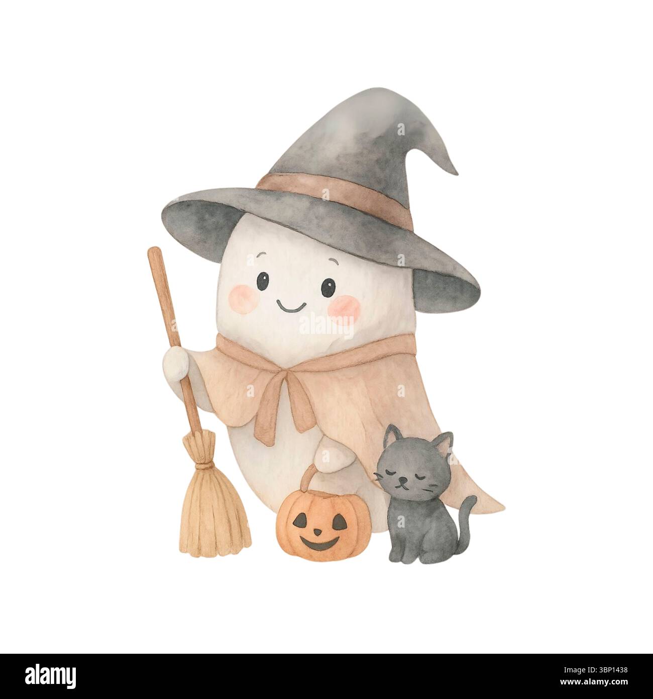 Kawaii witch ghost with broom and pumpkin – pastel Halloween ...