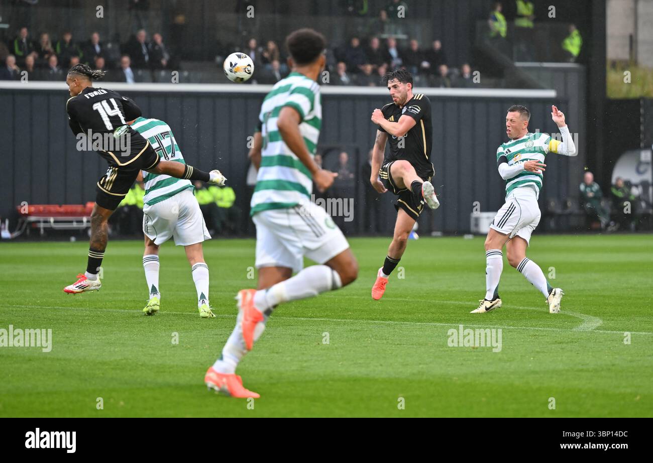 Glasgow, UK. 4th July, 2025. Celtic captain Callum McGregor volleys an ...