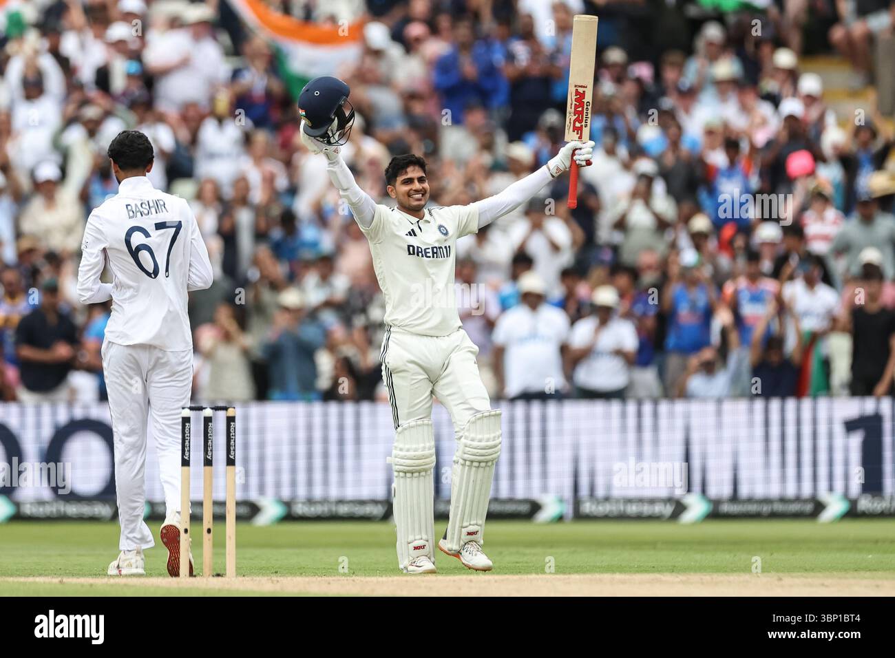 India captain Shubman Gill celebrates a century (100 runs)during the ...