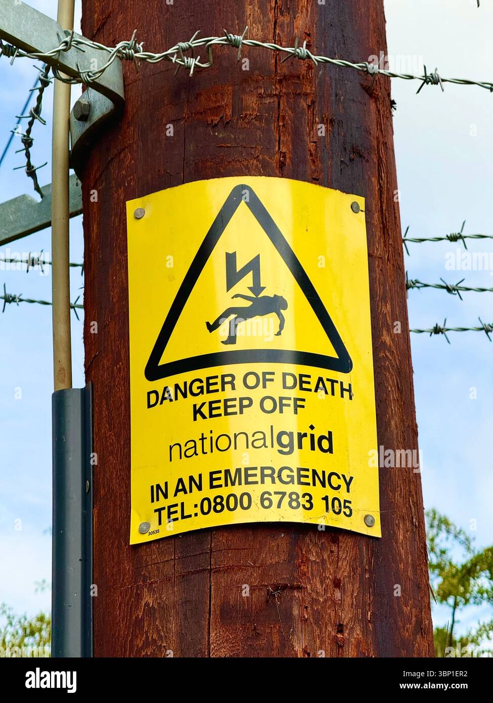 Danger warning signs on telegraph poles carrying electricity power ...