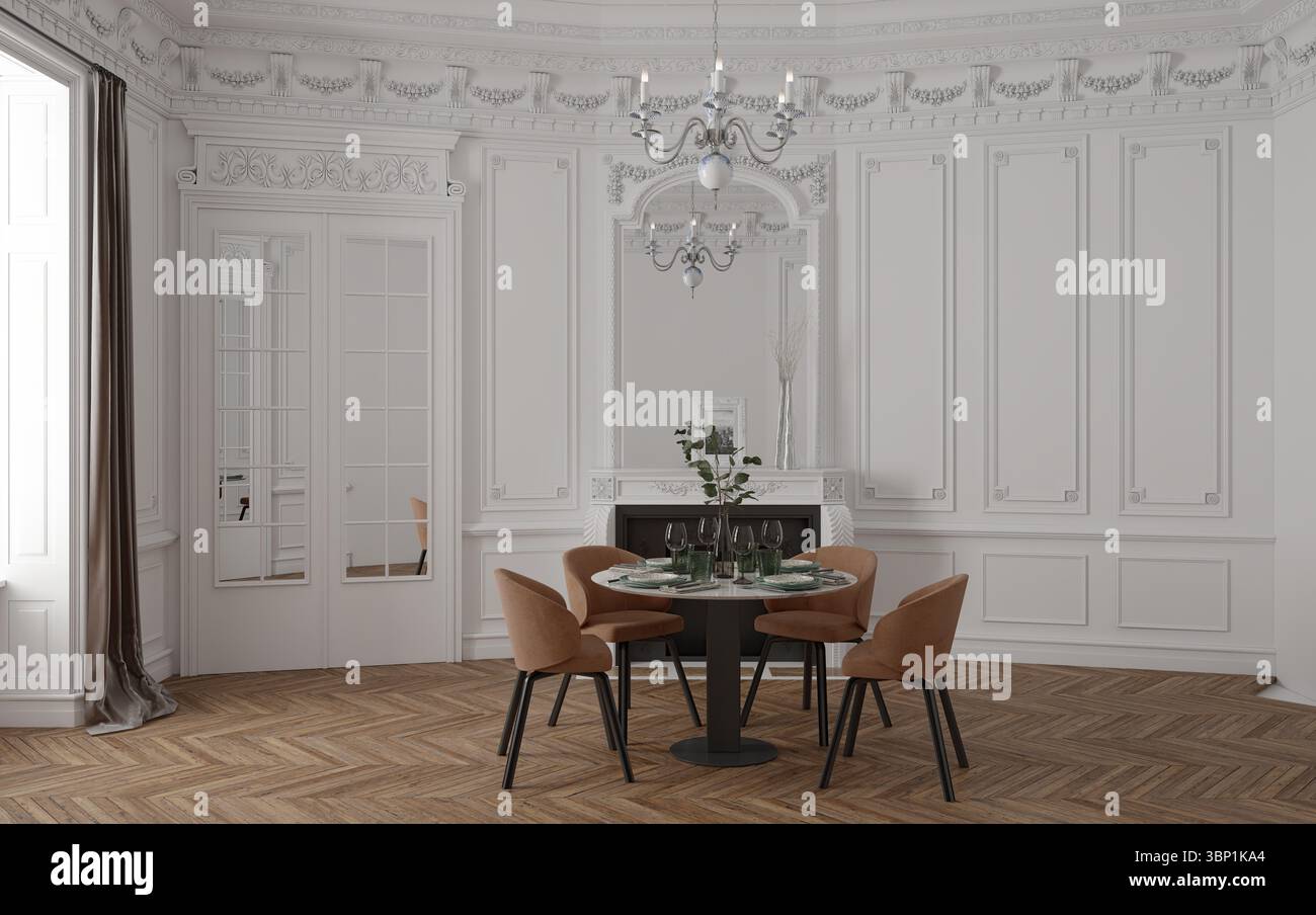 3d rendering of an elegant white rococo dining room with a prepared ...