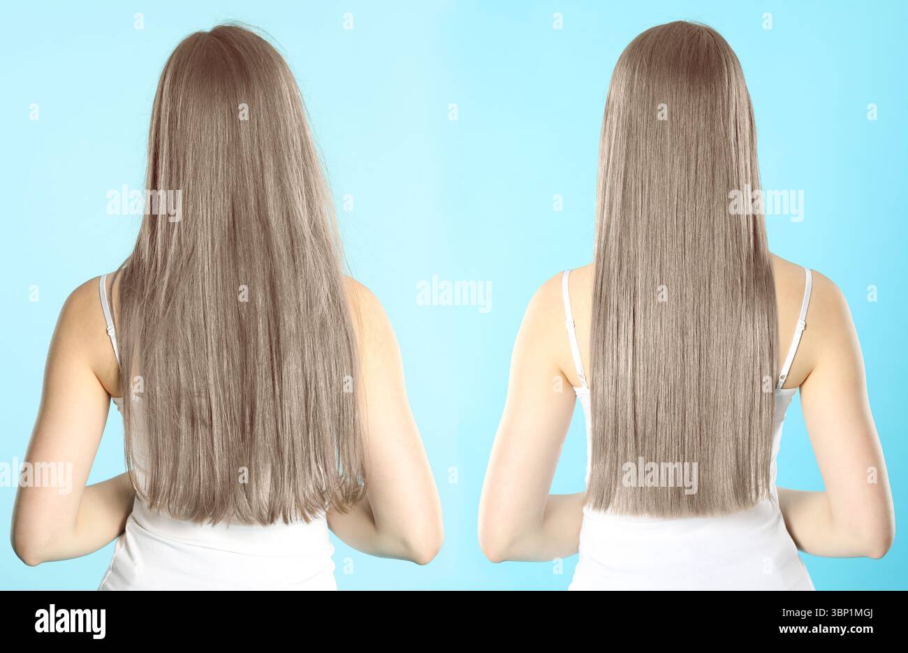 Hair combing, straightening. Woman showing hairstyle before and after ...