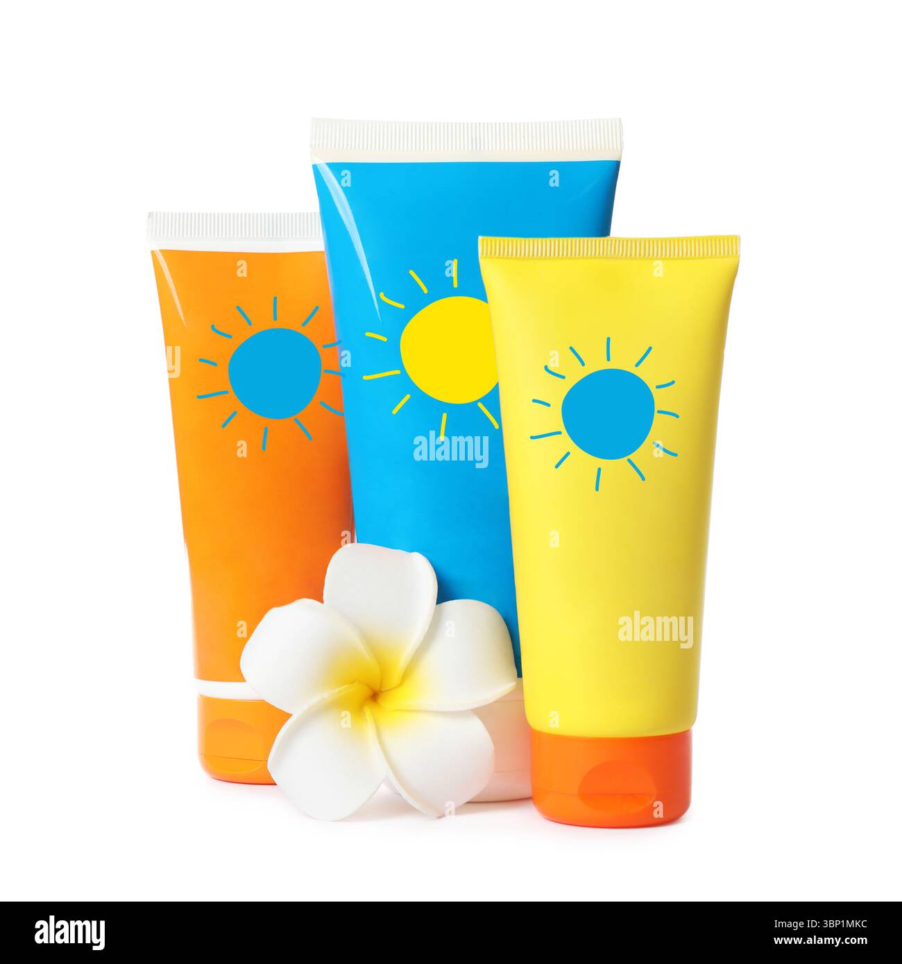 Sunscreen products and plumeria flower isolated on white. Tubes with ...