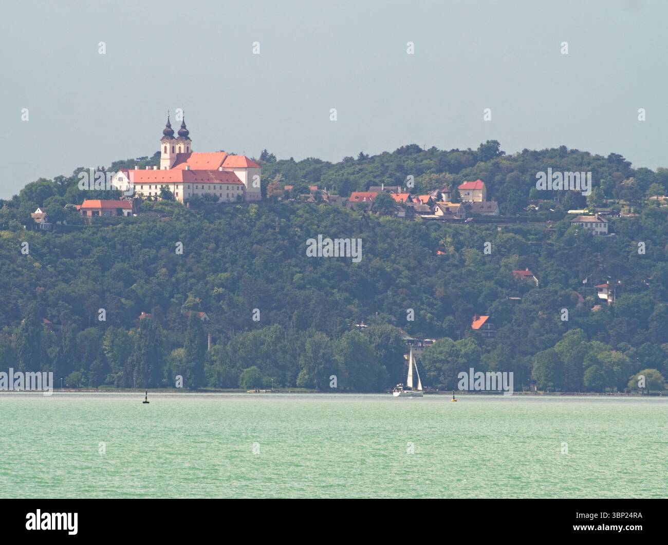 A scenic panoramic view of the Tihany Peninsula on Lake Balaton ...