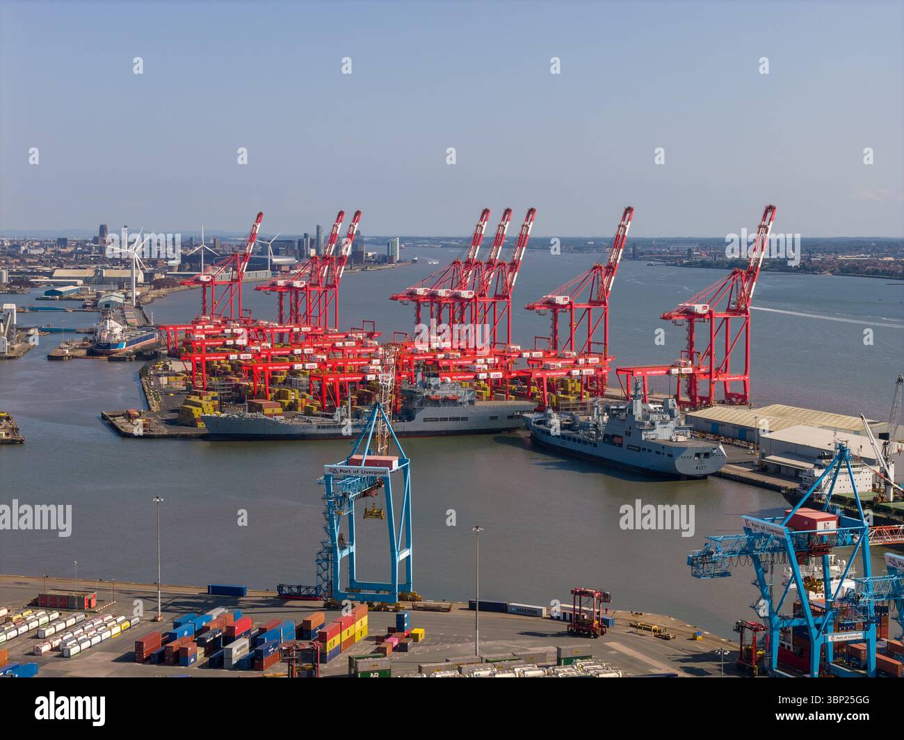 Aerial image of the Liverpool port facility with large cranes and ...