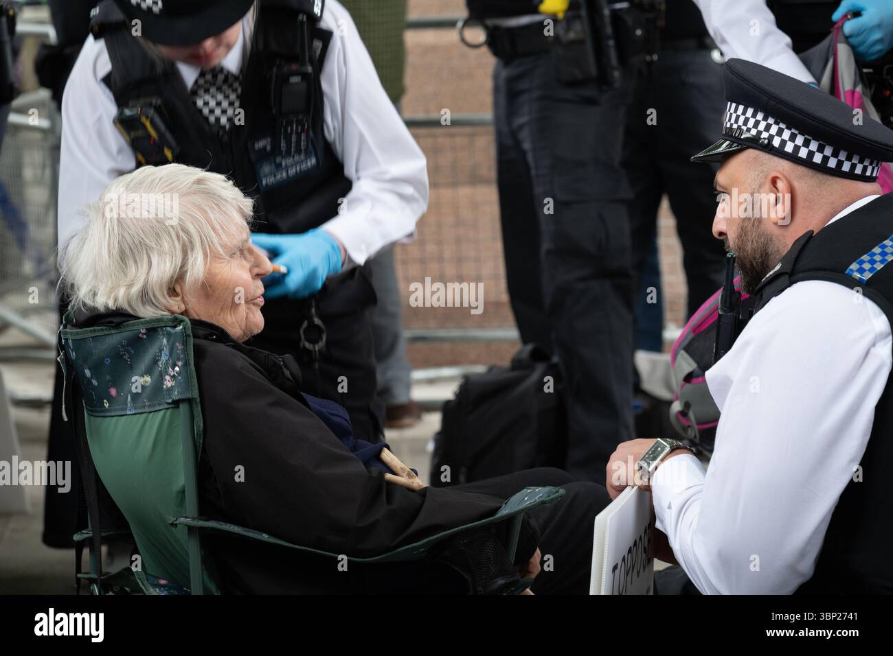 London, UK. 5 July, 2025. Police arrest Reverend Sue Parfitt, 83, as ...
