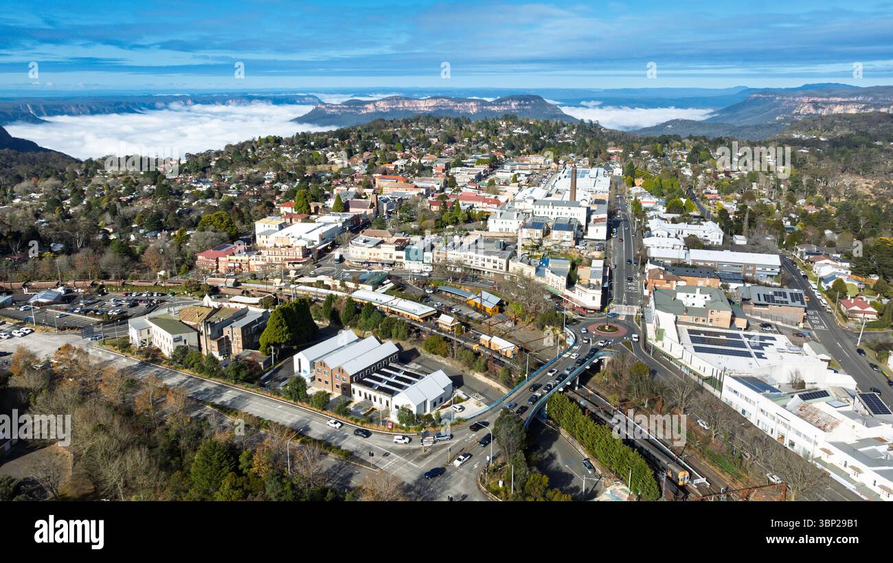 Drone aerial photograph of the picturesque town of Katoomba and the ...