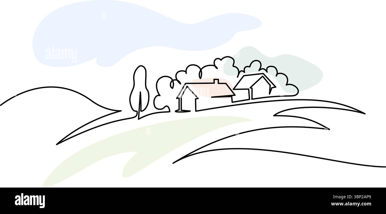 Landscape with village houses on hill. Continuous one line drawing ...