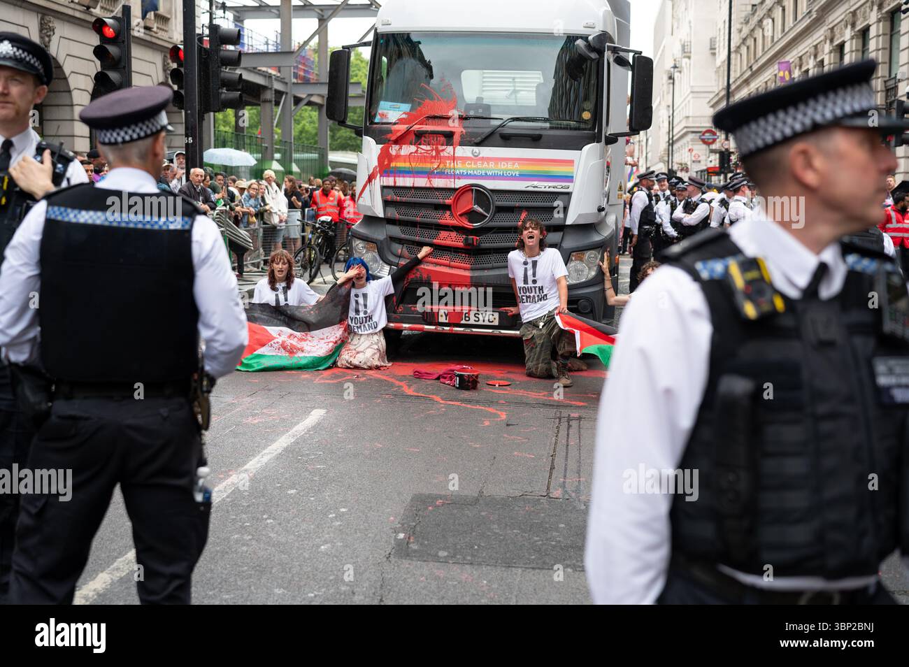London, UK. 5 July 2025. Youth Demand activists disrupted the Pride in ...