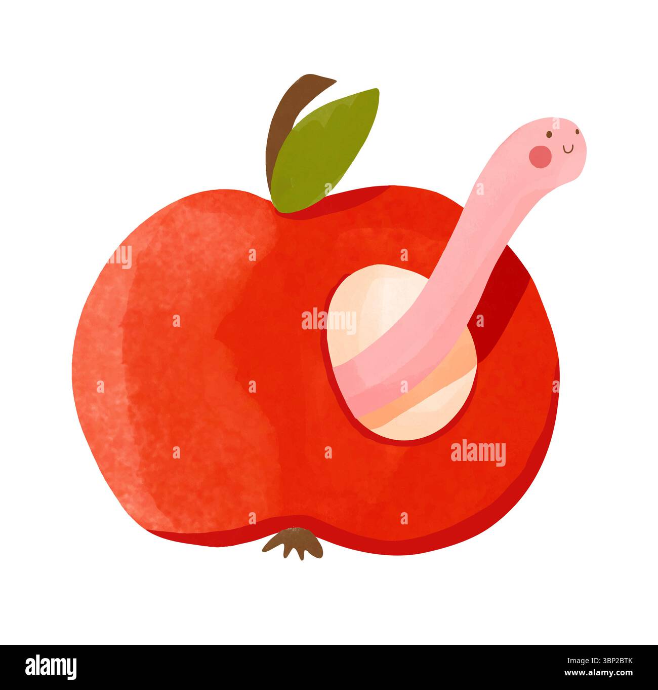 Happy Hand Drawn Worm In A Red Apple On A White Background. Vector ...