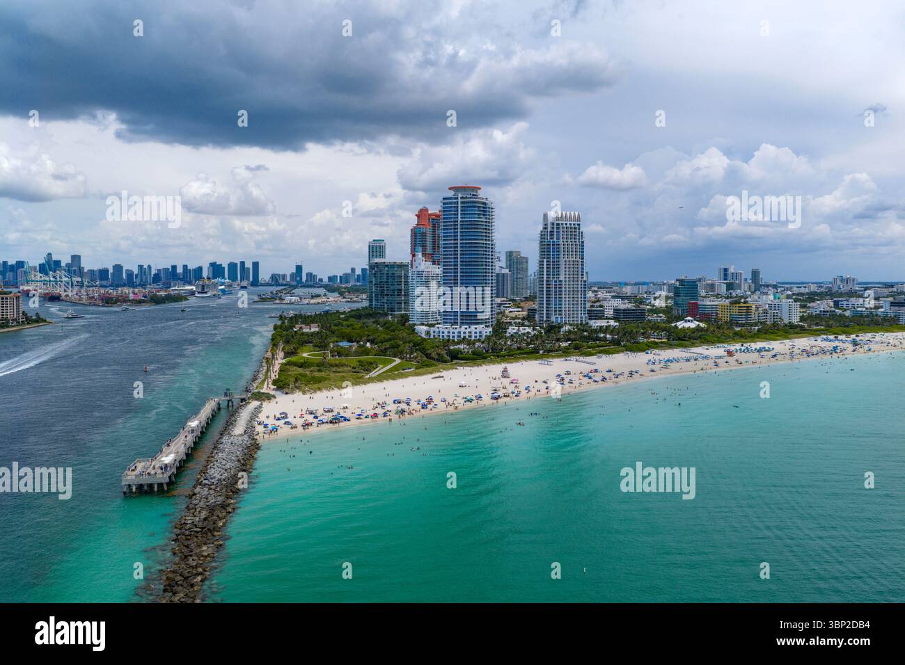 Aerial night view of Miami coastline. Twilight skyline above the Miami ...