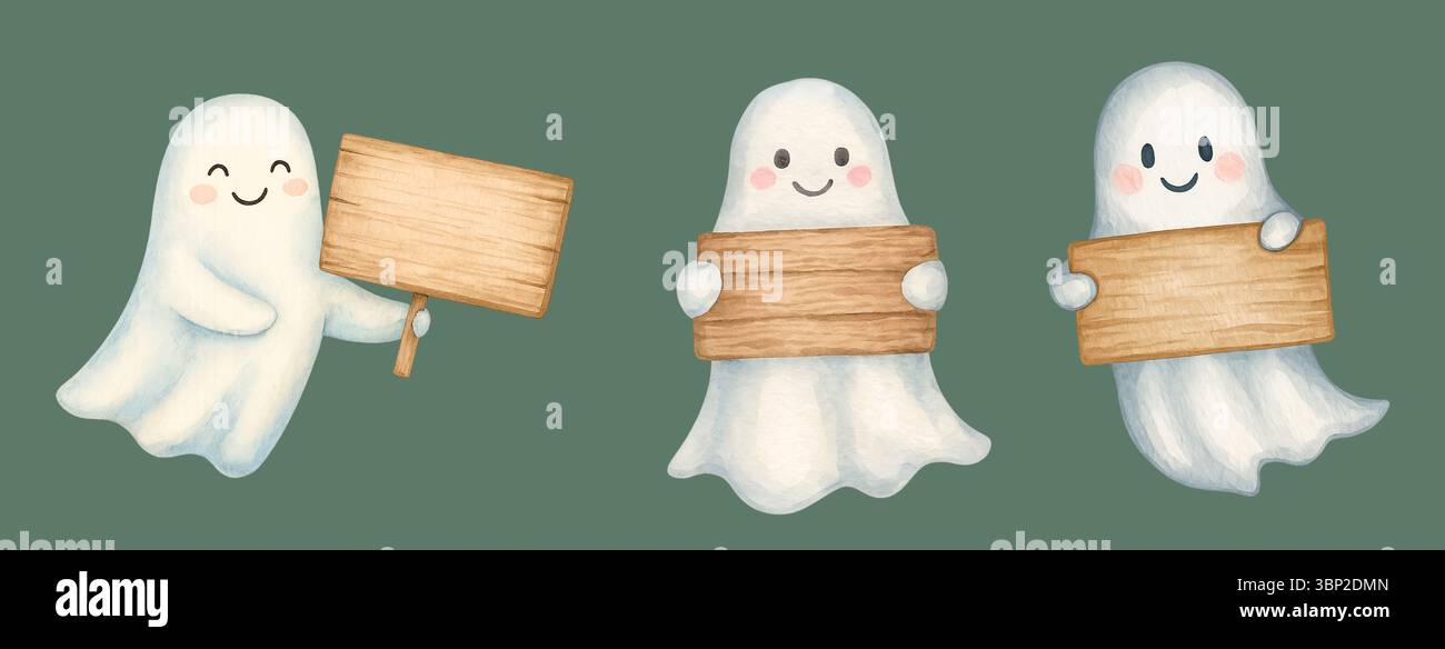 Cute Ghosts Holding Blank Wooden Signs for Custom Halloween Messages ...