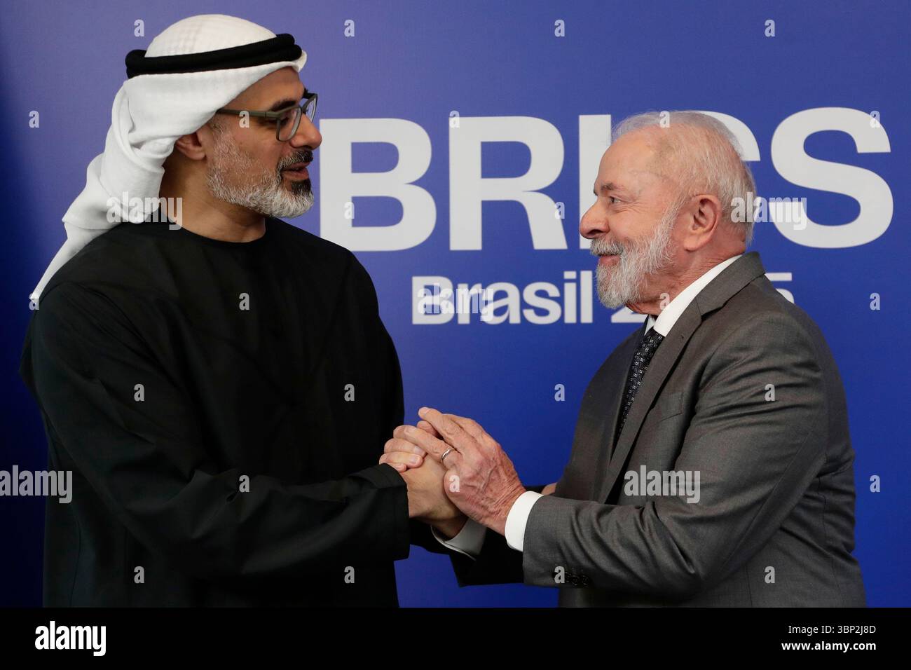Brazilian President Luiz Inacio Lula da Silva, right, greets Crown Prince of Abu Dhabi Sheikh ...