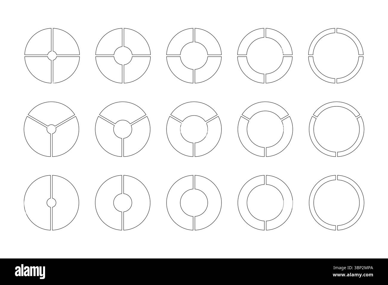 Circle division on 2, 3, 4 equal parts. Wheel round divided diagrams ...
