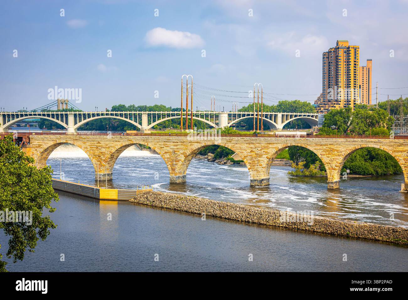 Aerial View of Stone Arch Bridge in Minneapolis and Mississippi river ...