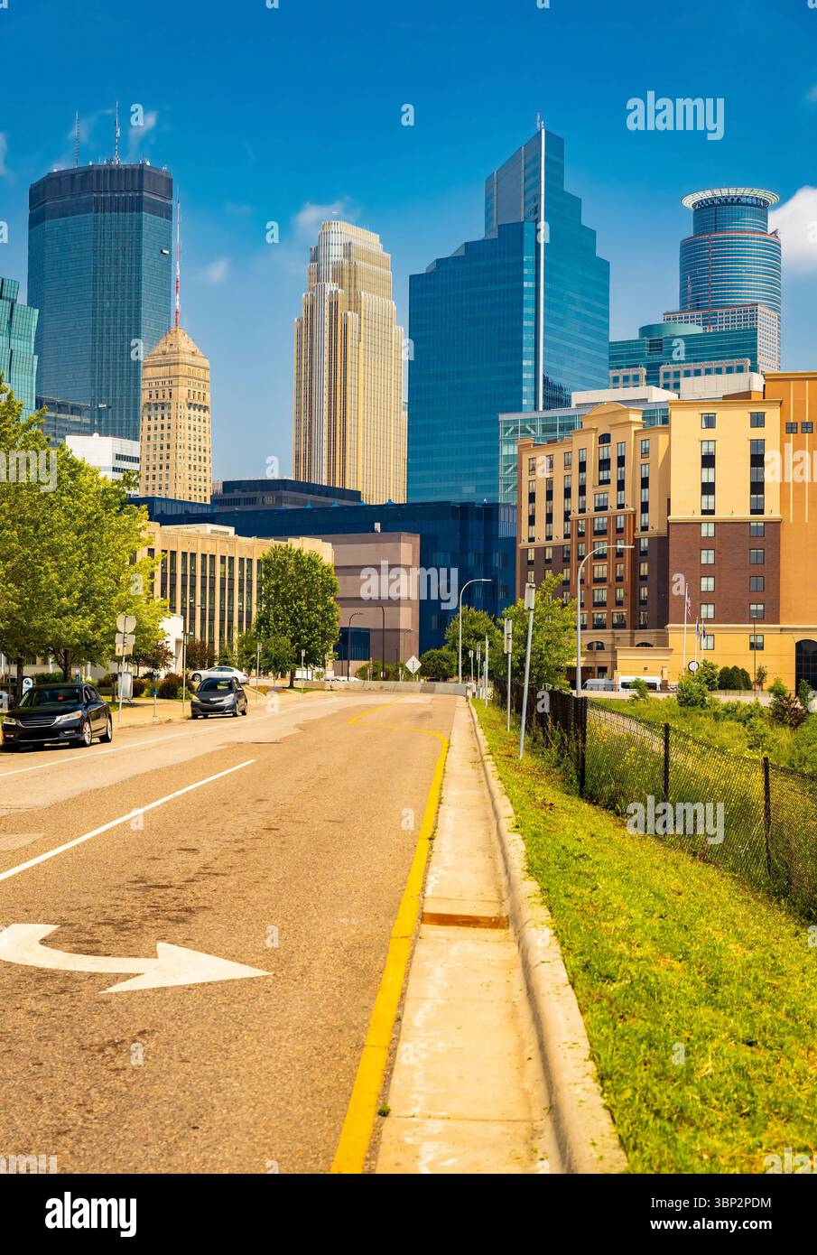 Scenic Minneapolis modern buildings skyscrapers with city highway ...