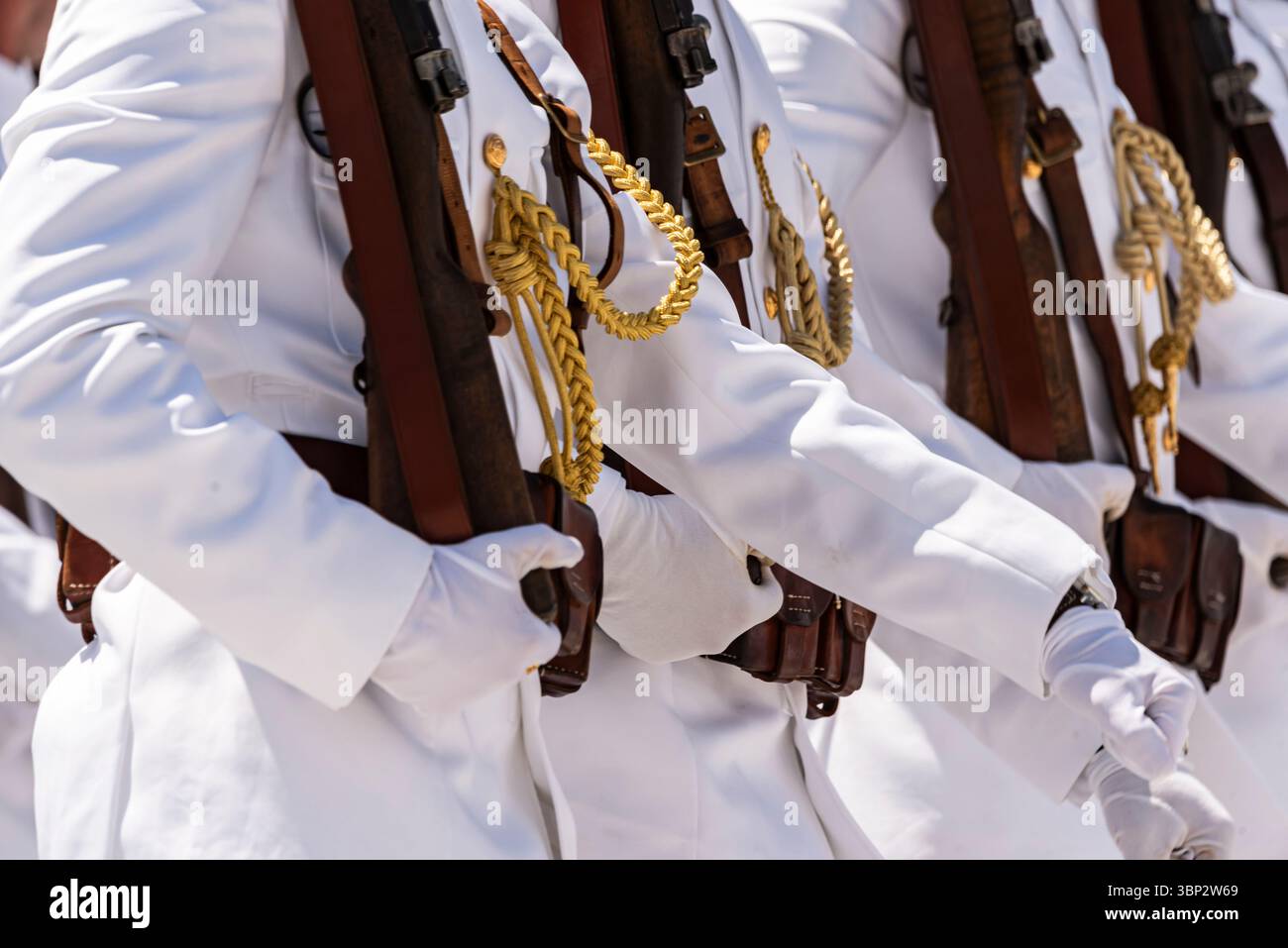 Marin, Spain. Jul 16th, 2024. Sailors defilading with their regulation ...