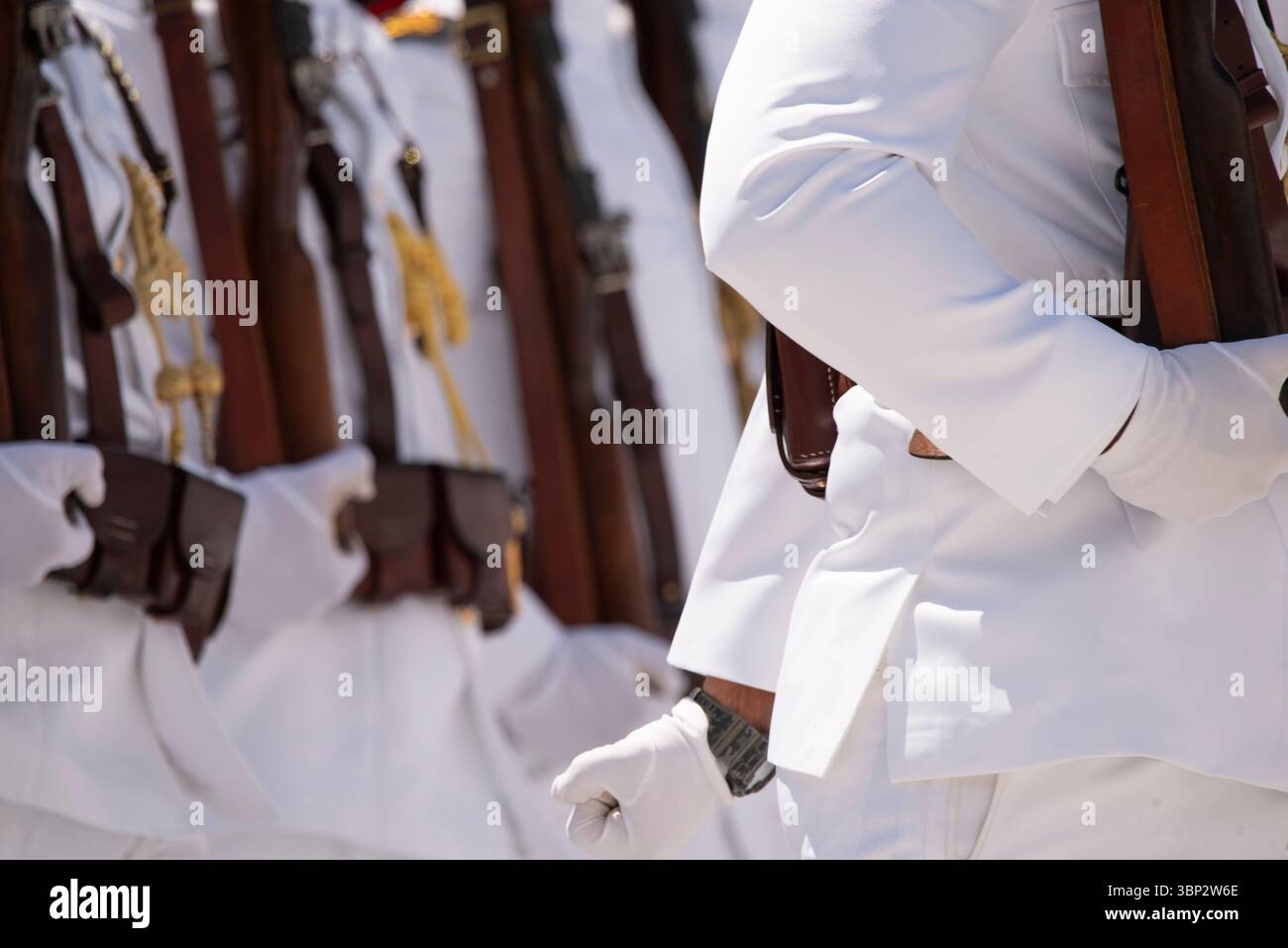 Marin, Spain. Jul 16th, 2024. Sailors defilading with their regulation ...