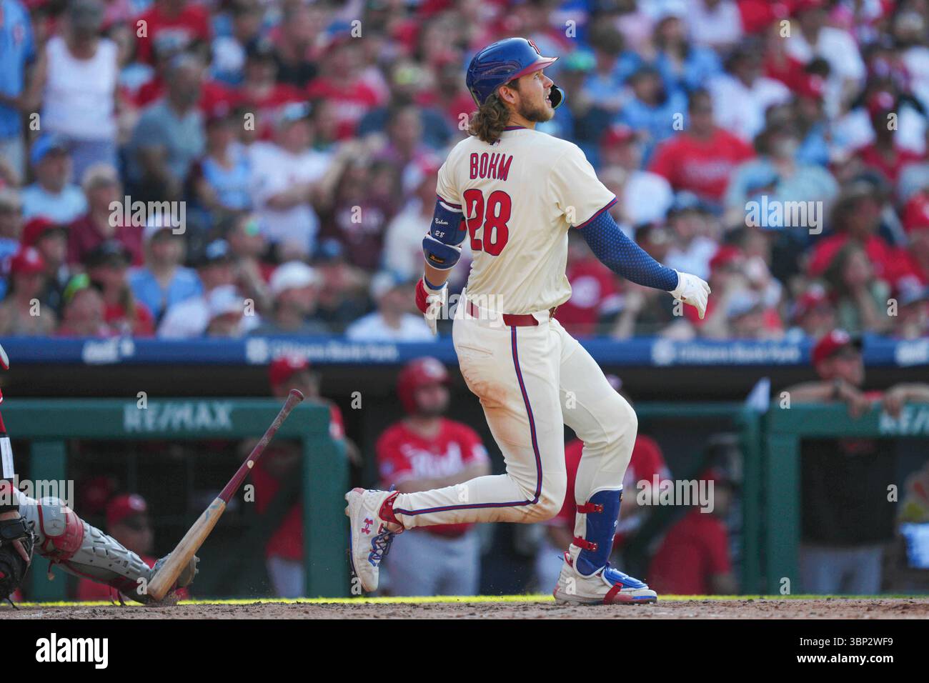 Philadelphia Phillies' Alec Bohm watches his two-run home run off ...