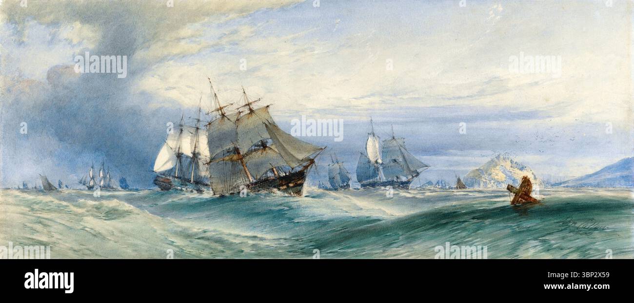 Shipping off St Michaels Mount Cornwall 1866 Watercolour Pen and black ...