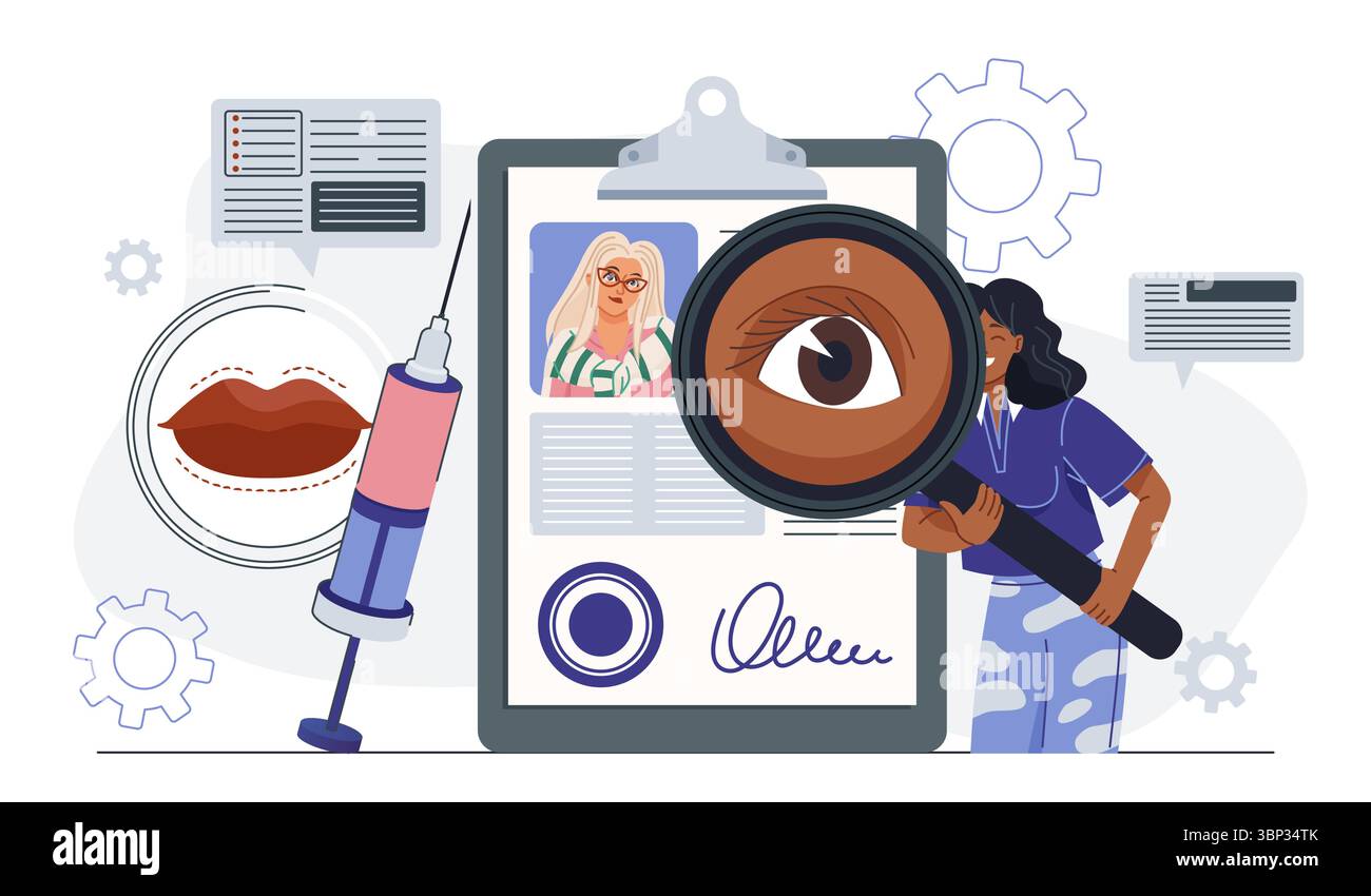 Cosmetologist online concept. Woman with magnifying glass assessing ...