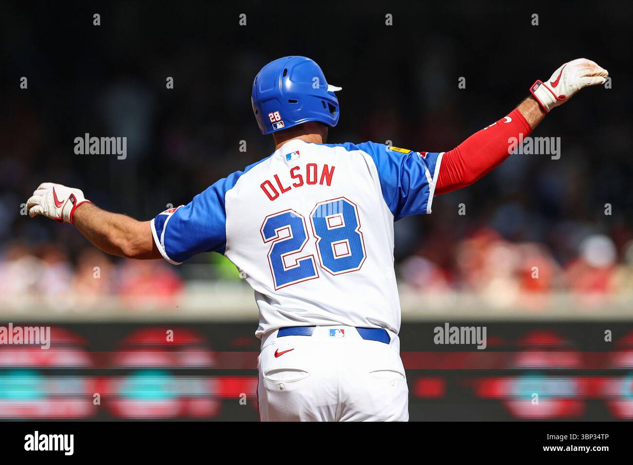 Atlanta Braves' Matt Olson (28) reacts after hitting a solo home run in ...