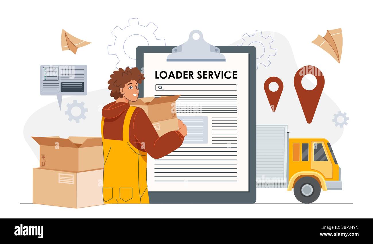 Loader service concept. Man in uniform with cardboard box in hands near ...