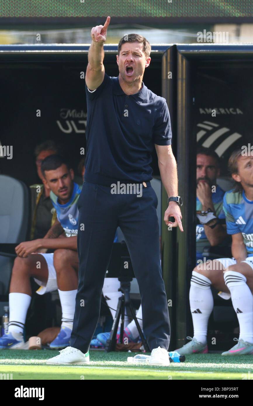 Real Madrid coach Xabi Alonso gestures from the bench during the 2025 ...