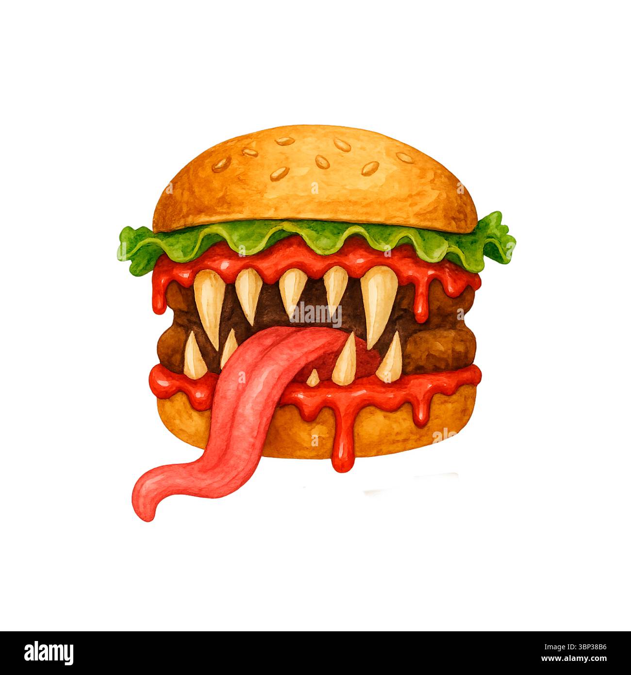 Watercolor Halloween Monster Burger with Tongue and Bloody Filling ...