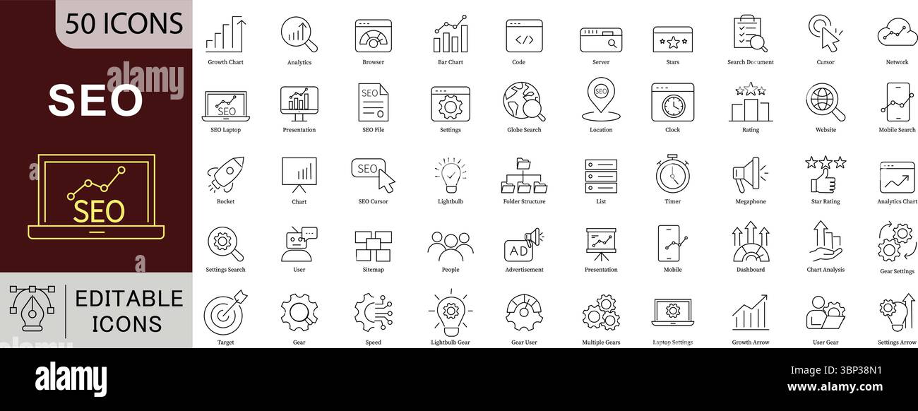 SEO Editable Line Icons Set for Search Optimization, Web Ranking, and ...