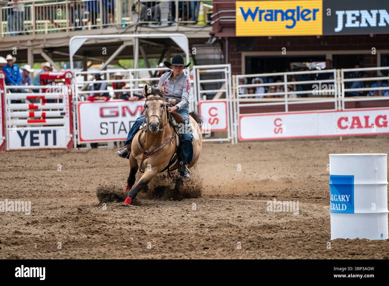 Cowgirlss compete in Female Barrel Racing during the Calgary Stampede ...
