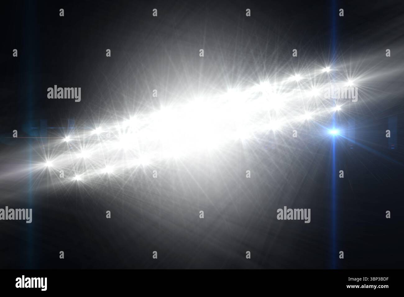 Cluster of white light flares is shining in flat design above dark void ...