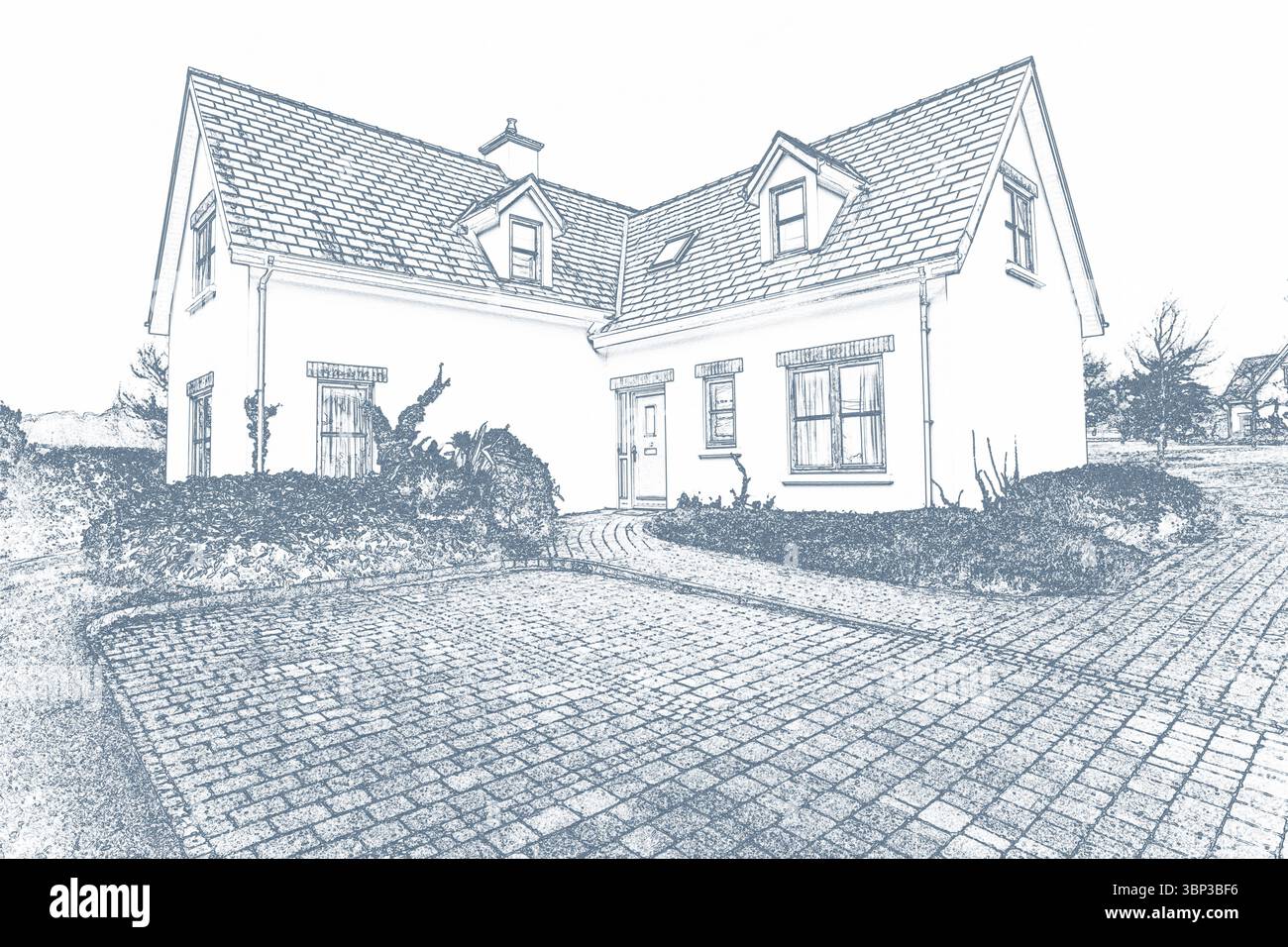 Flat design showing detached L-shaped two-story house with brick paver ...