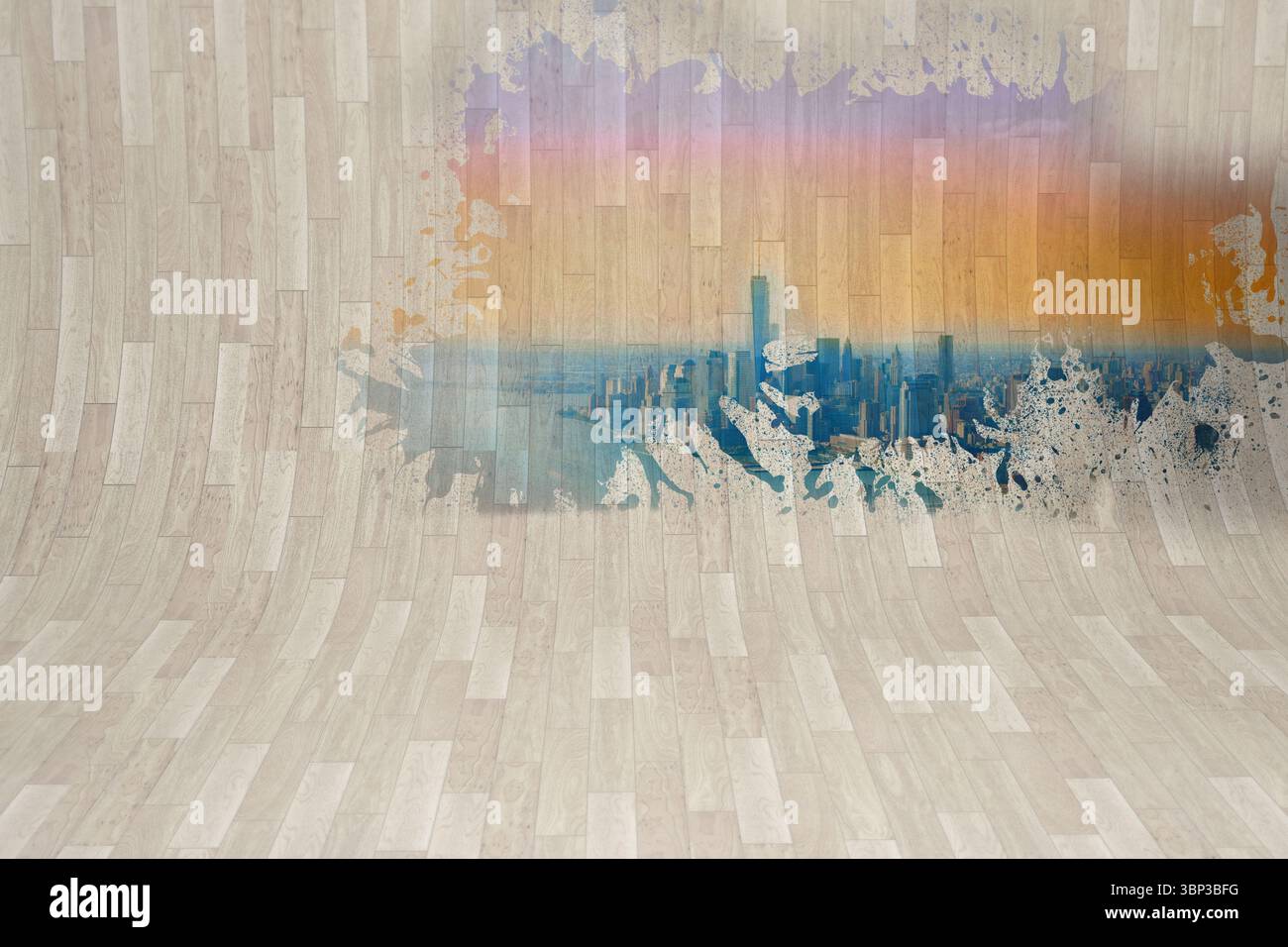 Flat design showing paint-splatter city skyline at sunset on curved ...