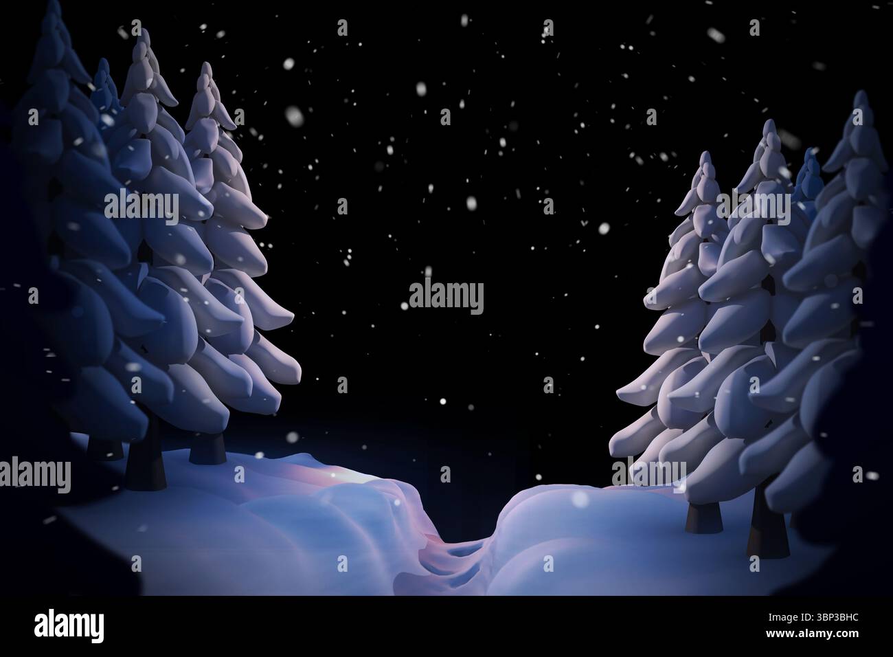 Snow-covered clearing and winding path are glowing in flat design ...
