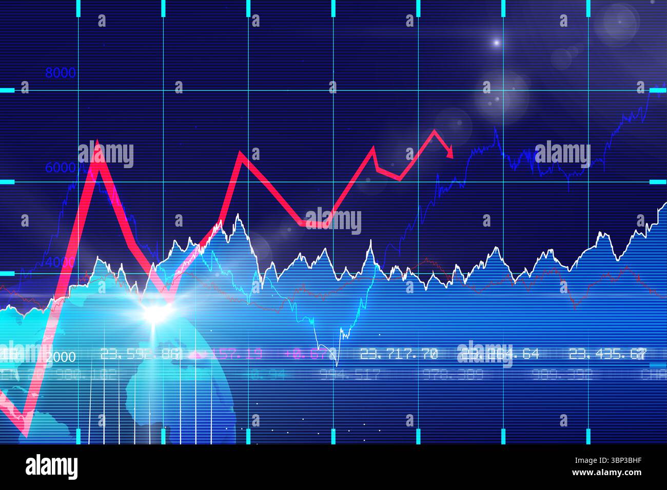 Digital financial chart is displaying colored line graphs on dark blue ...