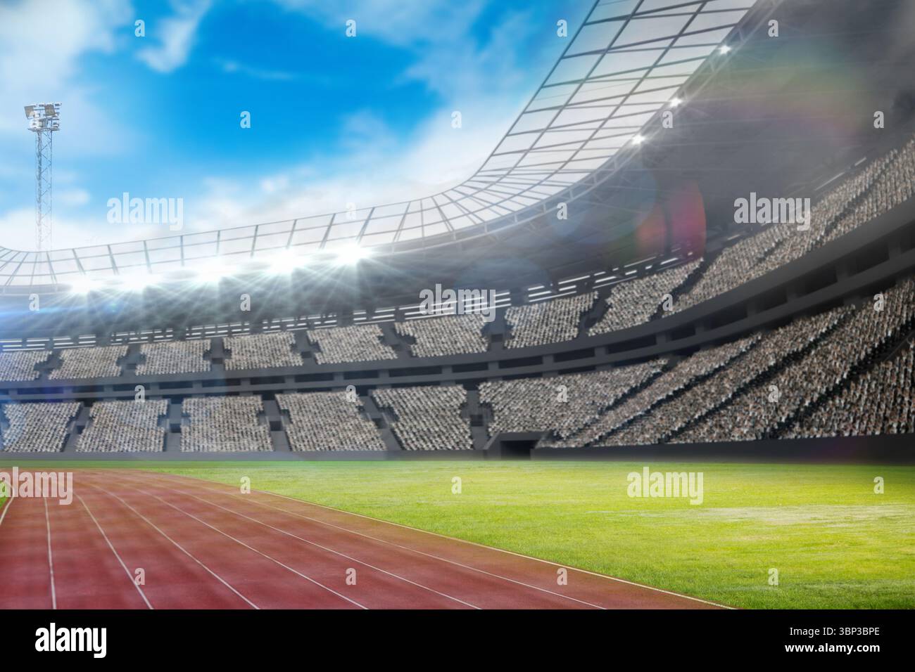 Red curved running track is leading into grass field under floodlights ...