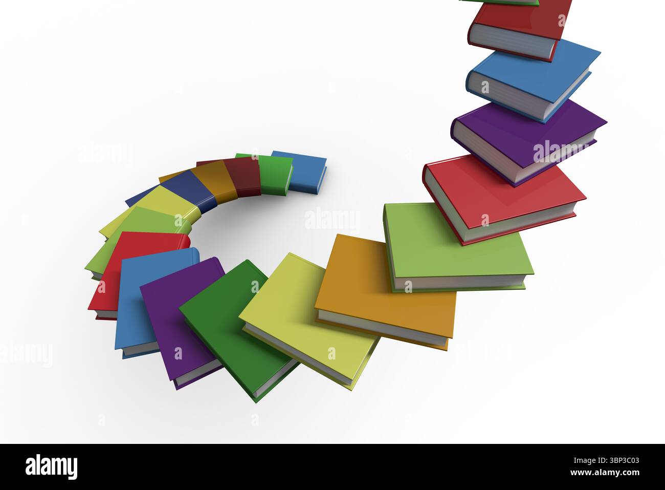 Spiral arrangement of colorful hardcover books curving across white ...