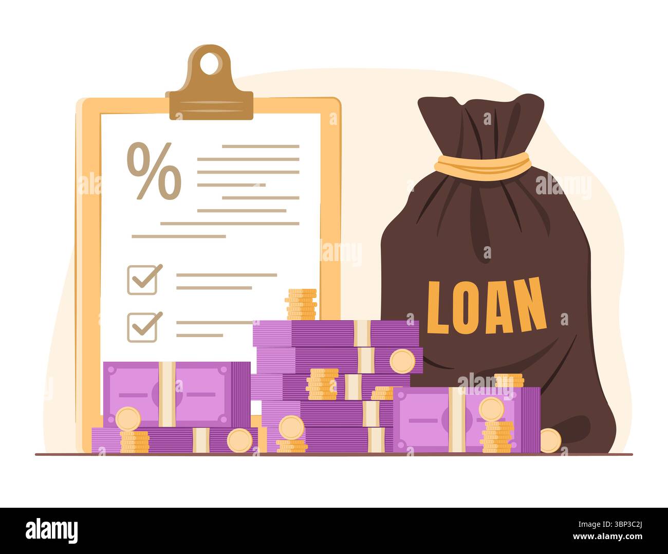 Stack of Cash Money Bundle and Money Bag with Loan Agreement Document ...